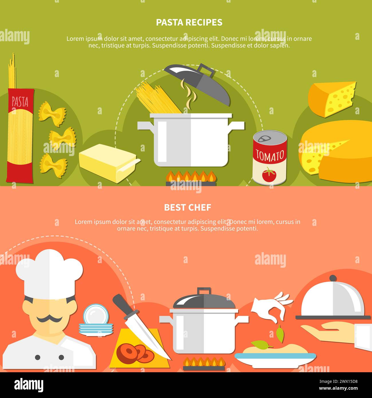 Food flat horizontal banners with ingredients for pasta cooking and ...