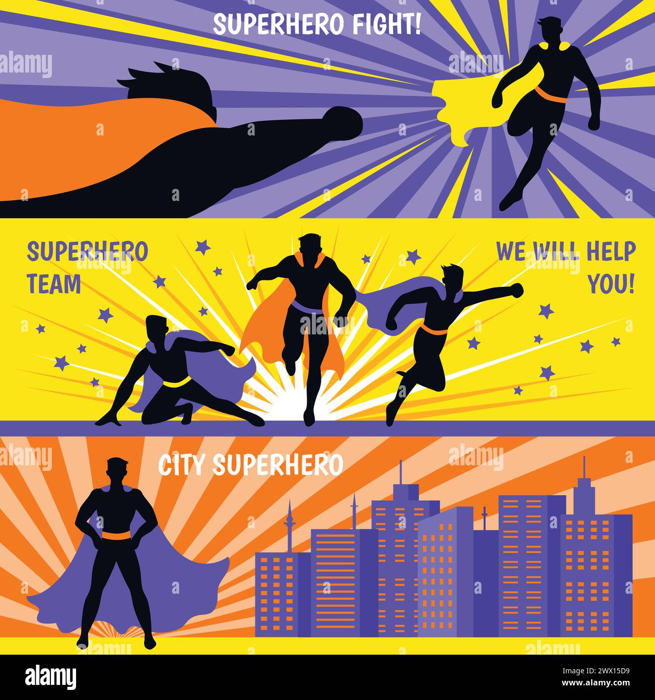 Superhero team horizontal banners set with cartoon characters flying to ...