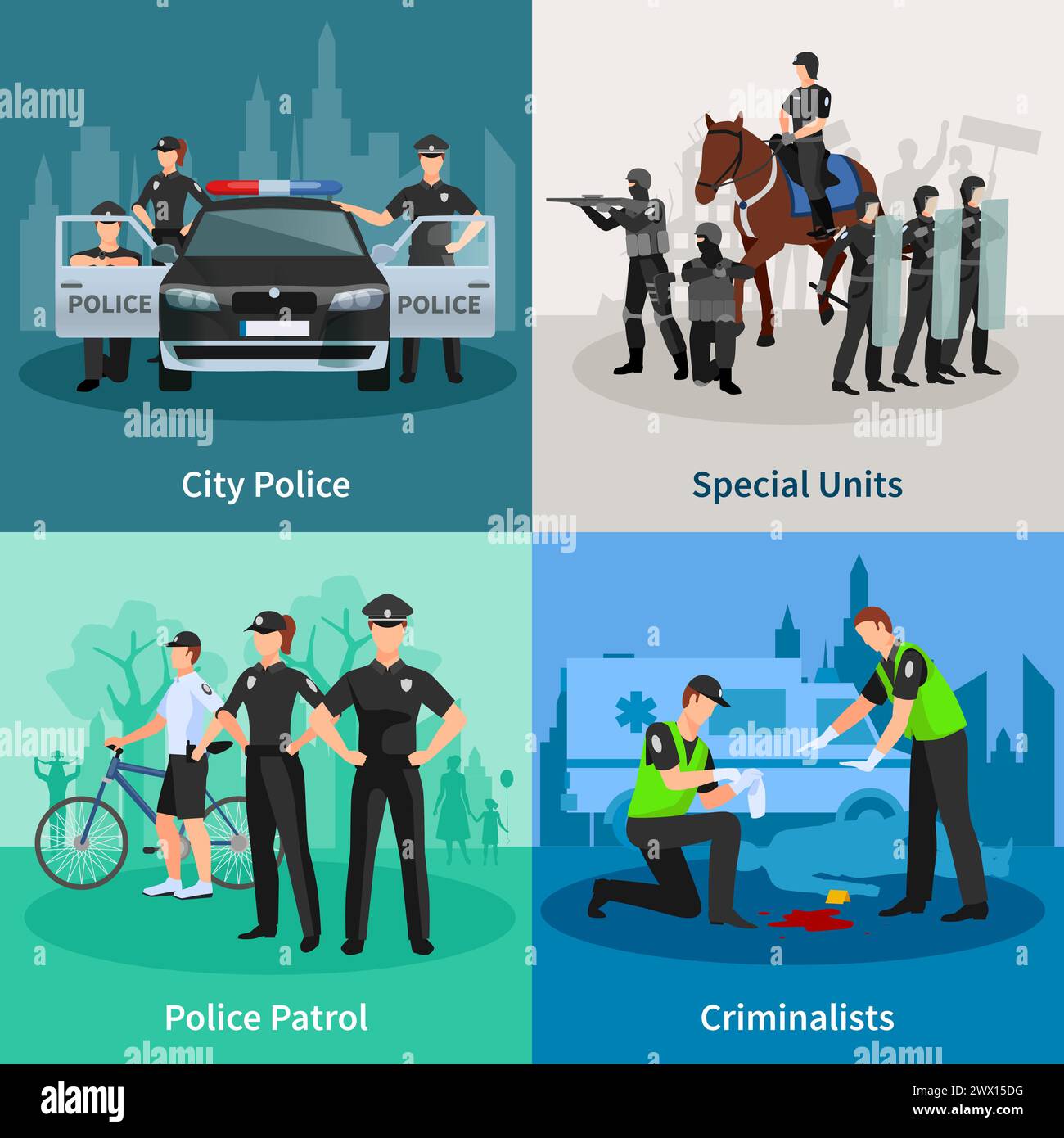 Police people 2x2 flat concept set of city police special units ...