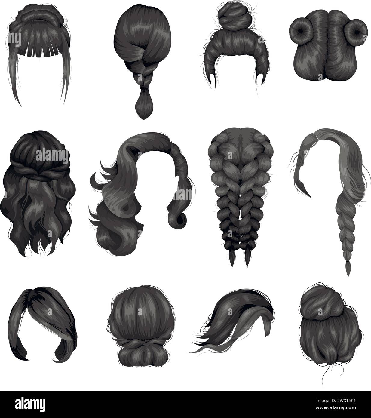 Women hairstyle wigs false and natural hair pieces front and back view ...