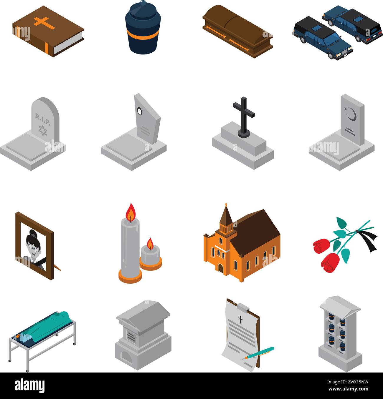 Funeral isometric icons set of bible ash coffin tombstone candles photo ...