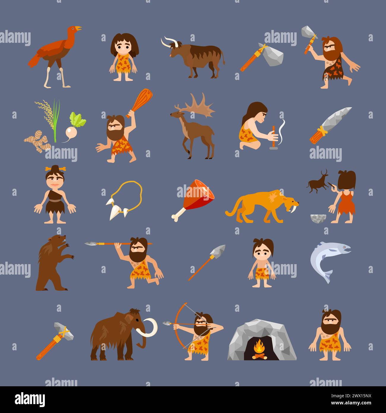 Ancient flat icons collection with caveman weapons food animals and ...