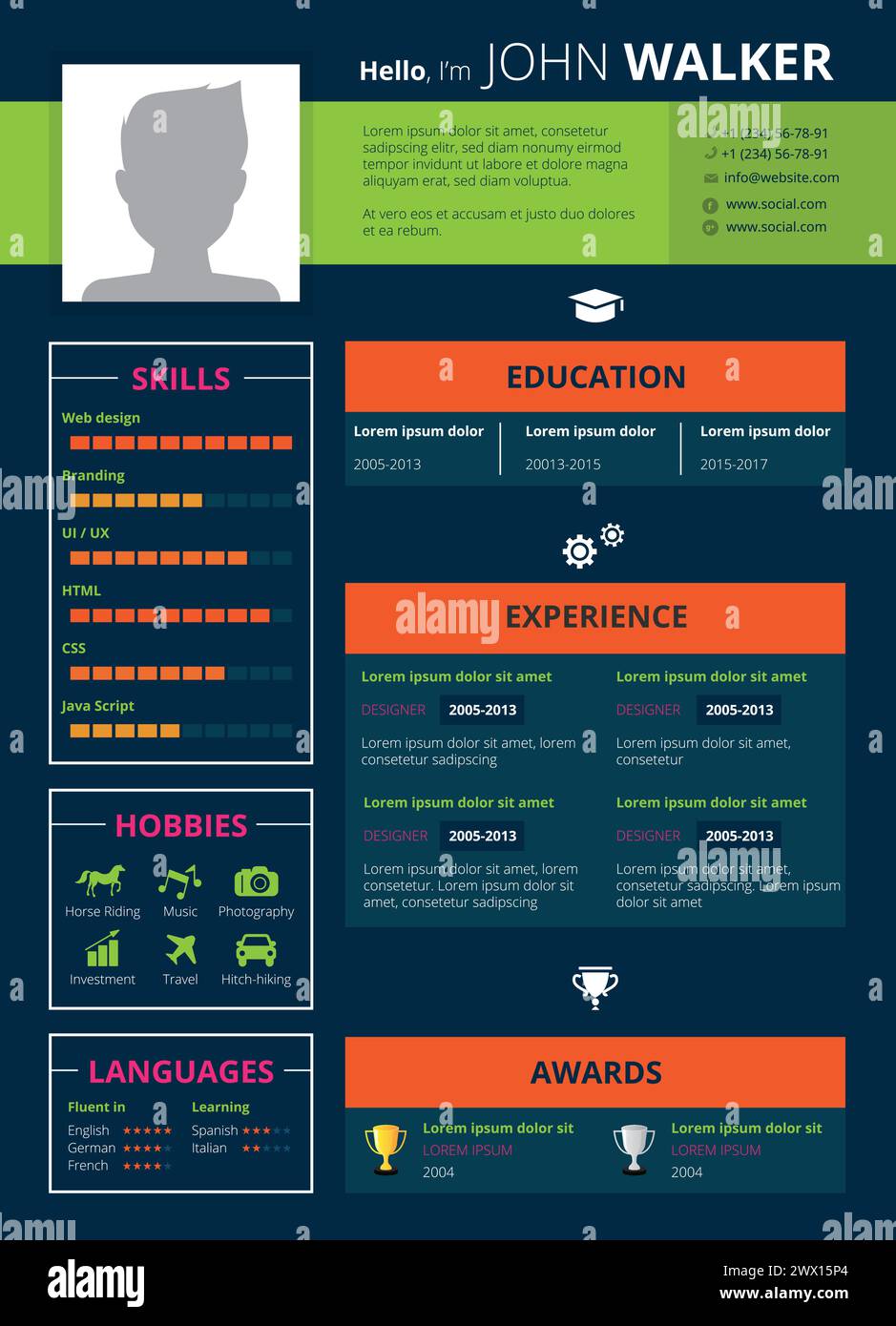 Resume page design with skills hobbies and education symbols flat ...