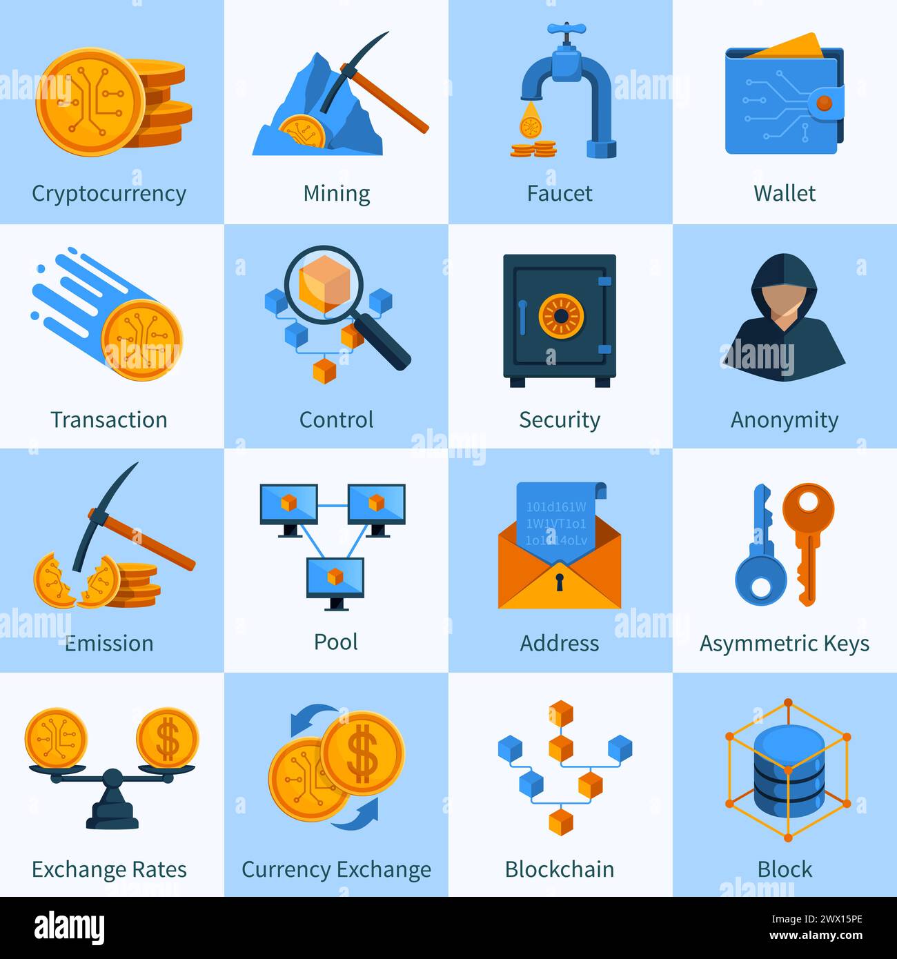 Set of icons in flat style with virtual currency block chain mining and security isolated vector ...