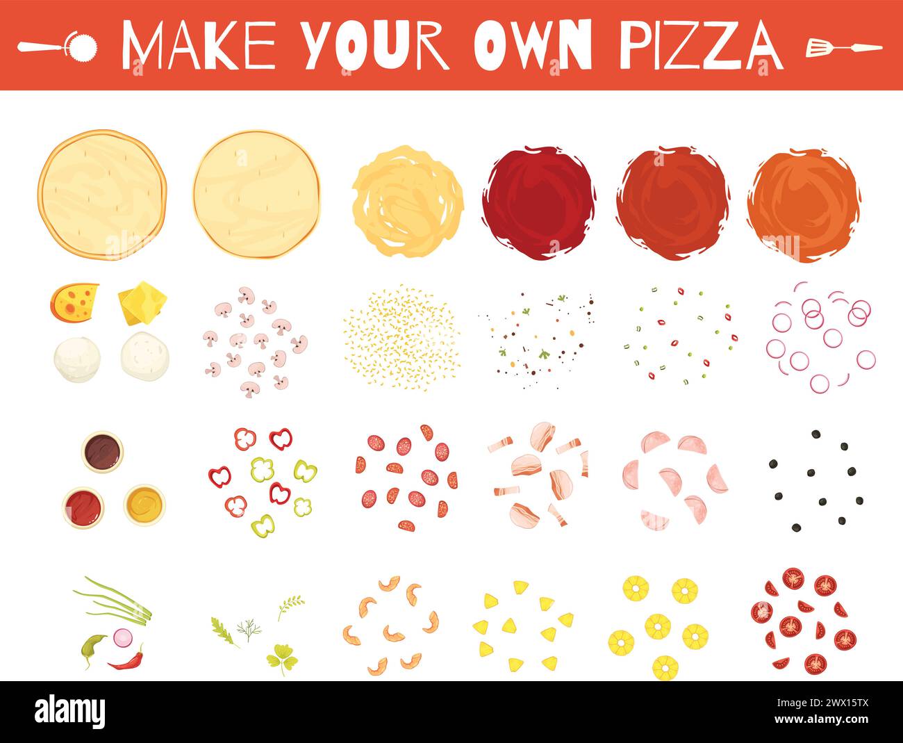 Set of pizza elements in cartoon style with dough vegetables cheese and ...