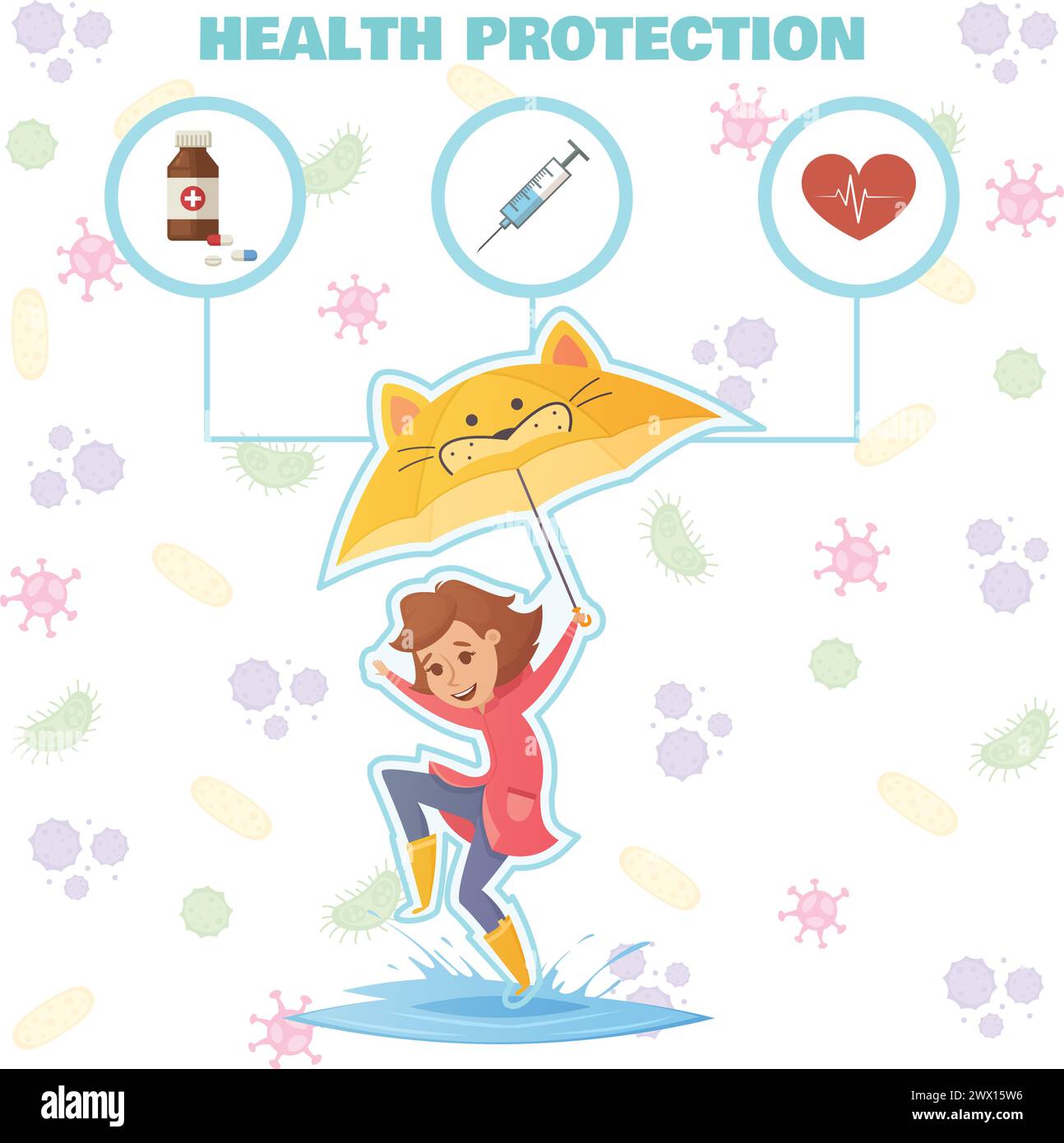 Health protection design concept with little girl with umbrella jumping ...