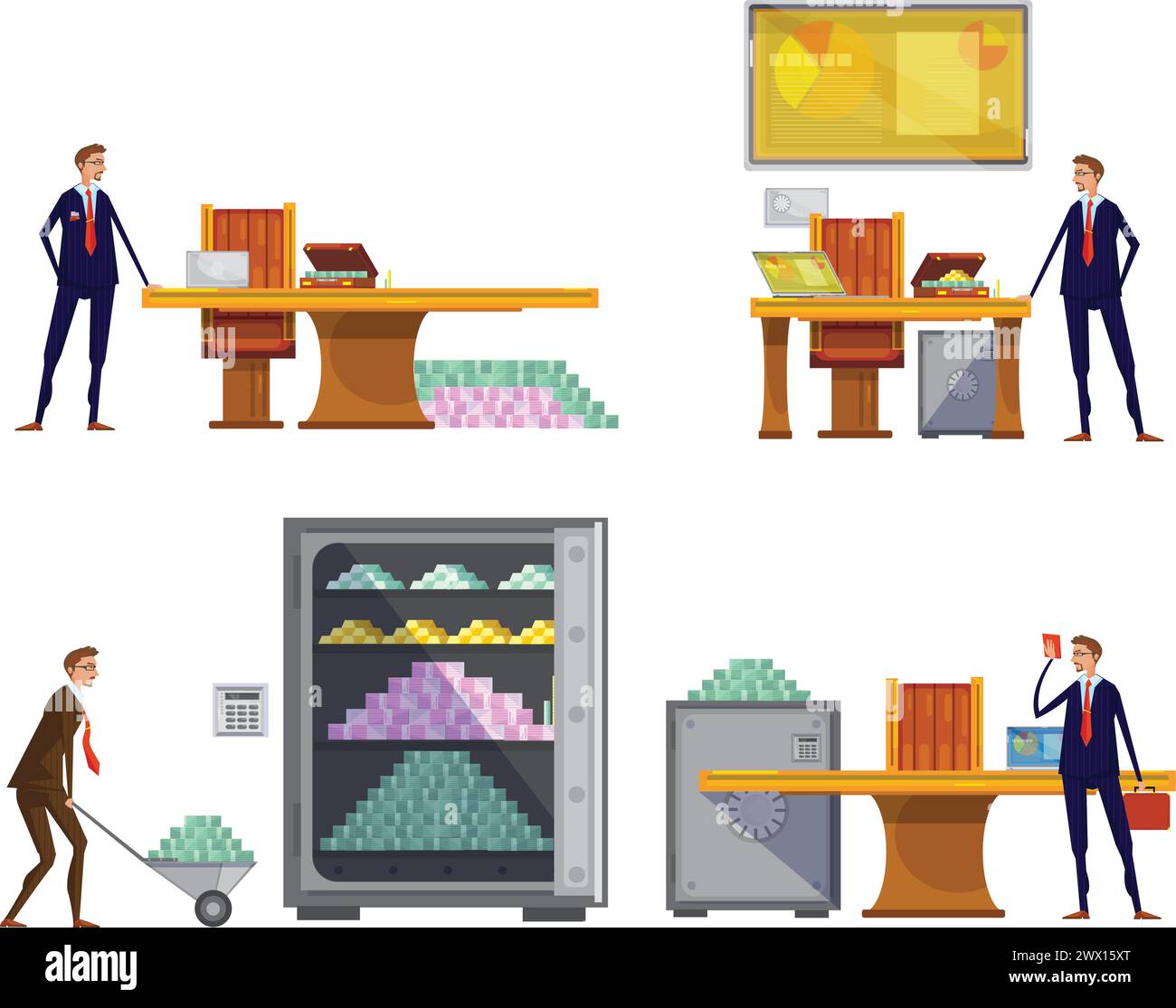 Set of compositions with financial worker doodle characters carrying ...