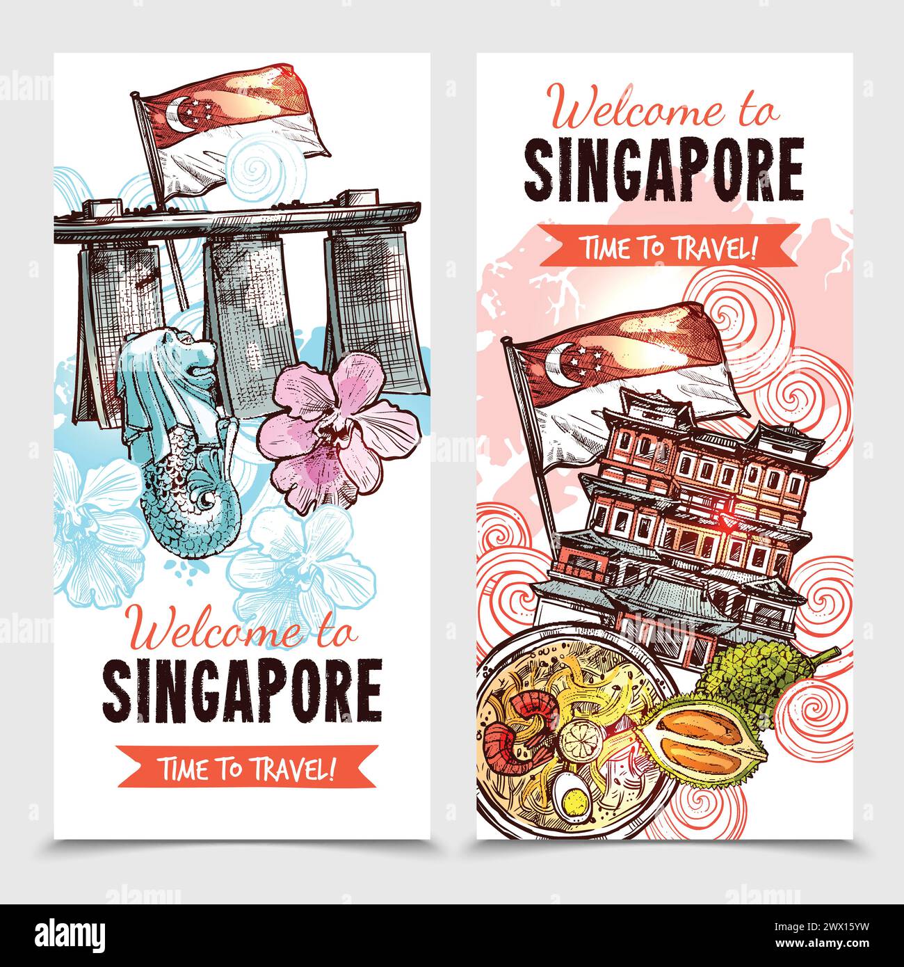Singapore vertical banners in hand drawn style with merlion and marina ...