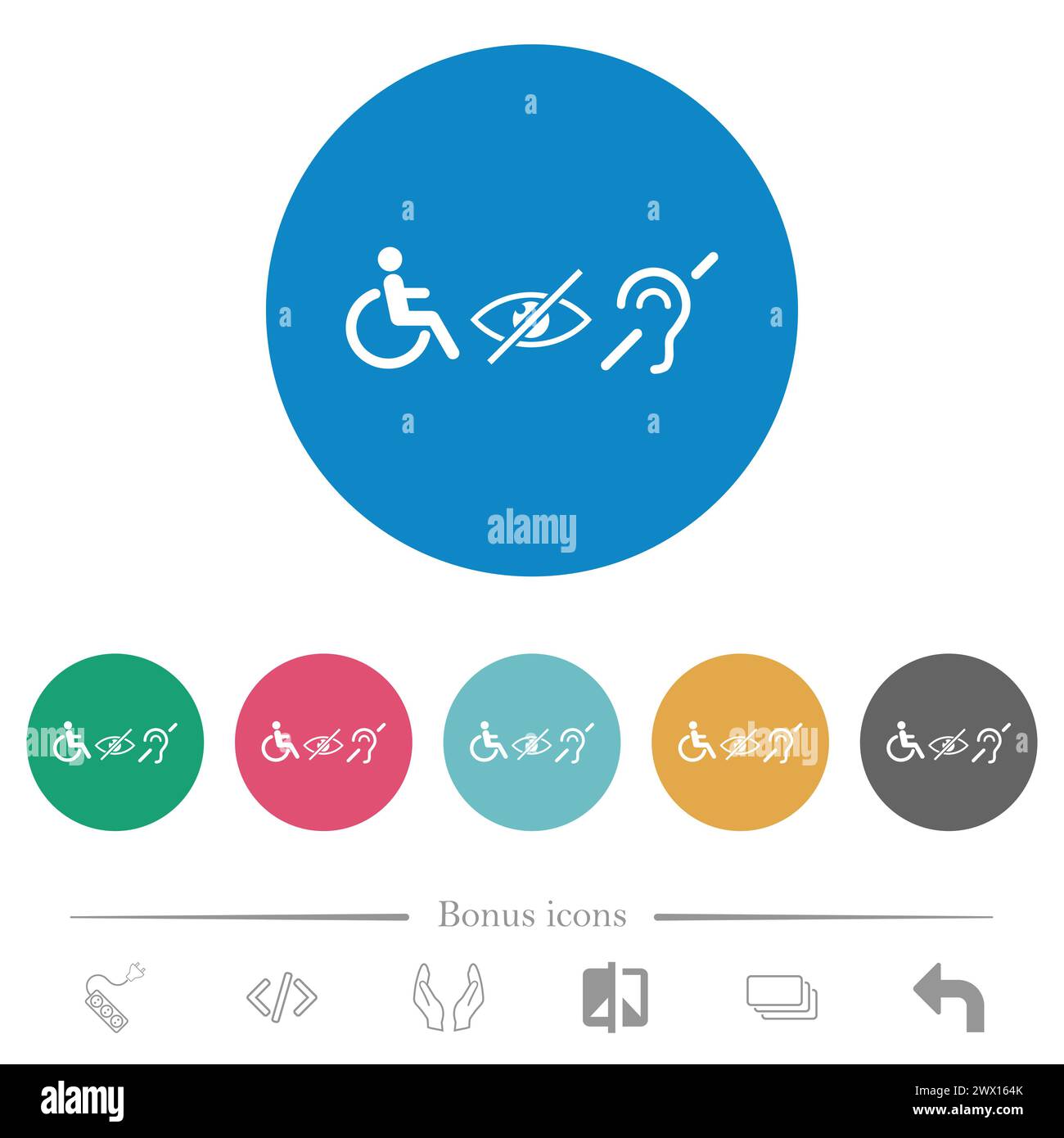 Disability symbols flat white icons on round color backgrounds. 6 bonus icons included Stock ...