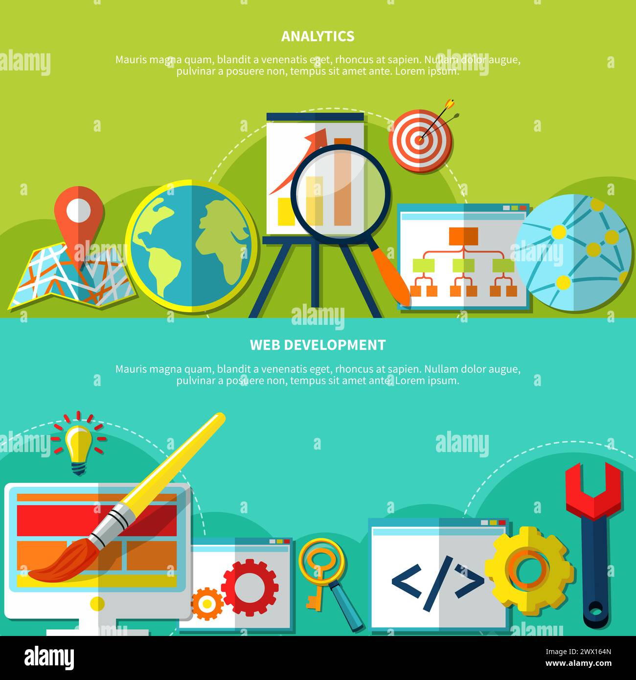 Seo horizontal banners with search optimization network location icons ...