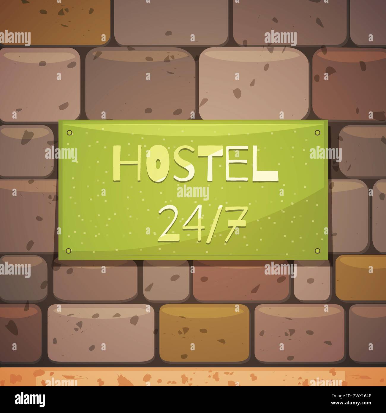 Hostel signboard with address on brick wall of guest house retro ...