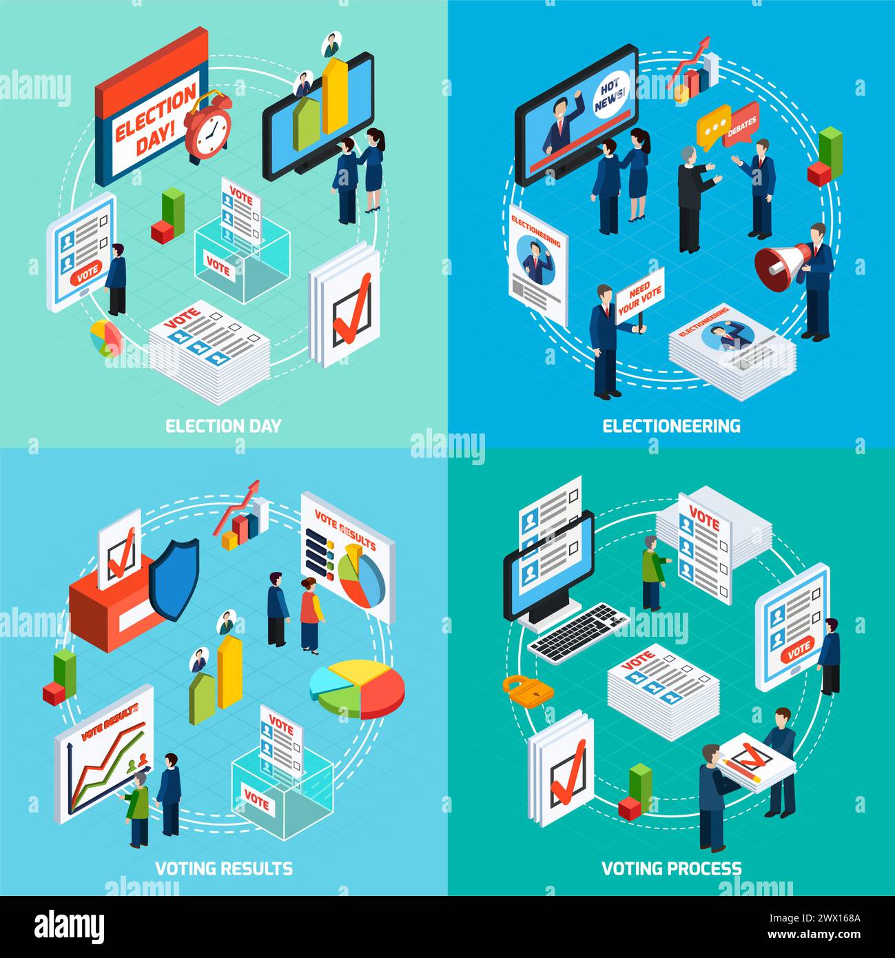 Elections and voting isometric 2x2 design concept with people busy in ...