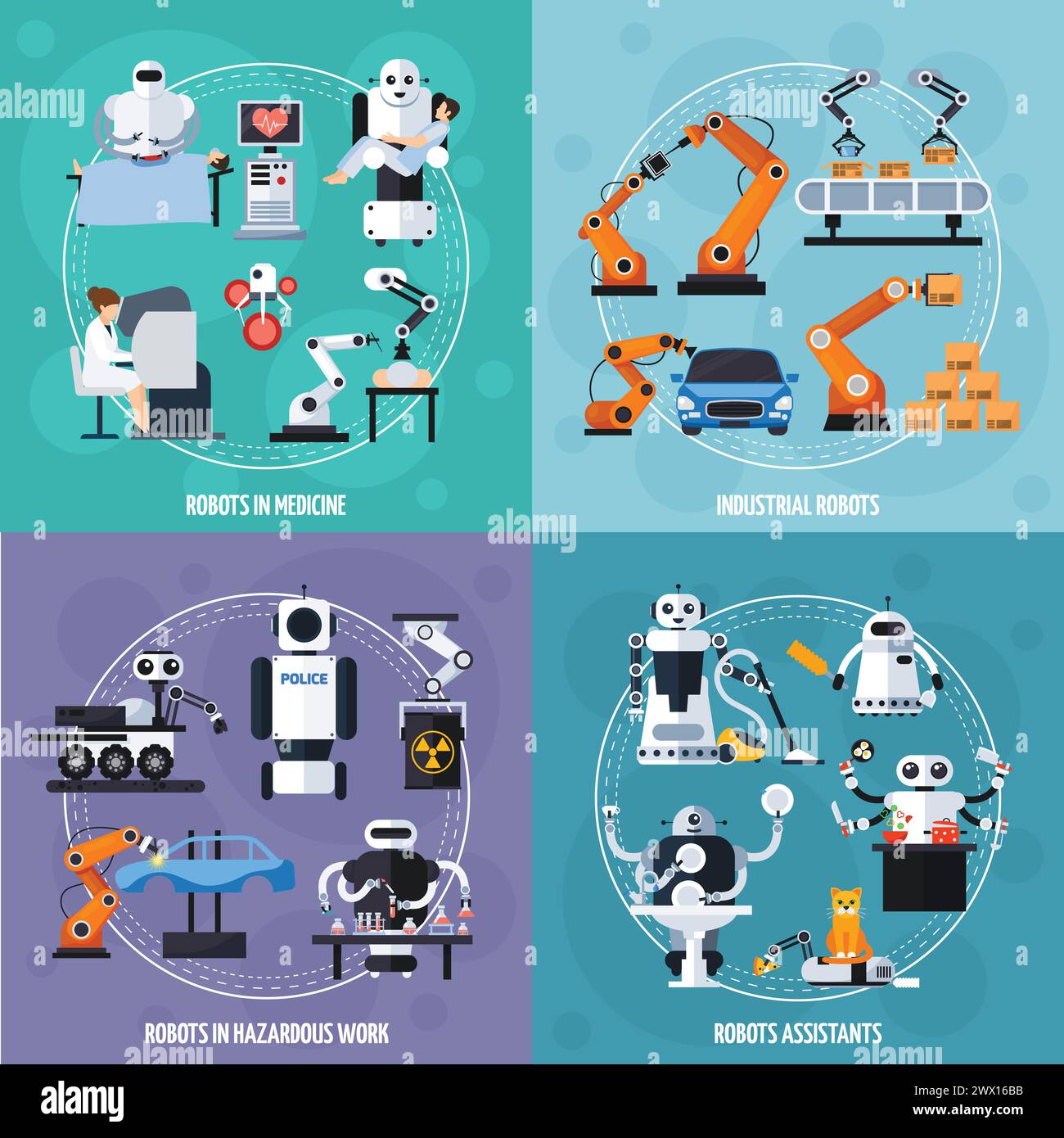 Robots concept icons set with industrial robots symbols flat isolated vector illustration Stock ...