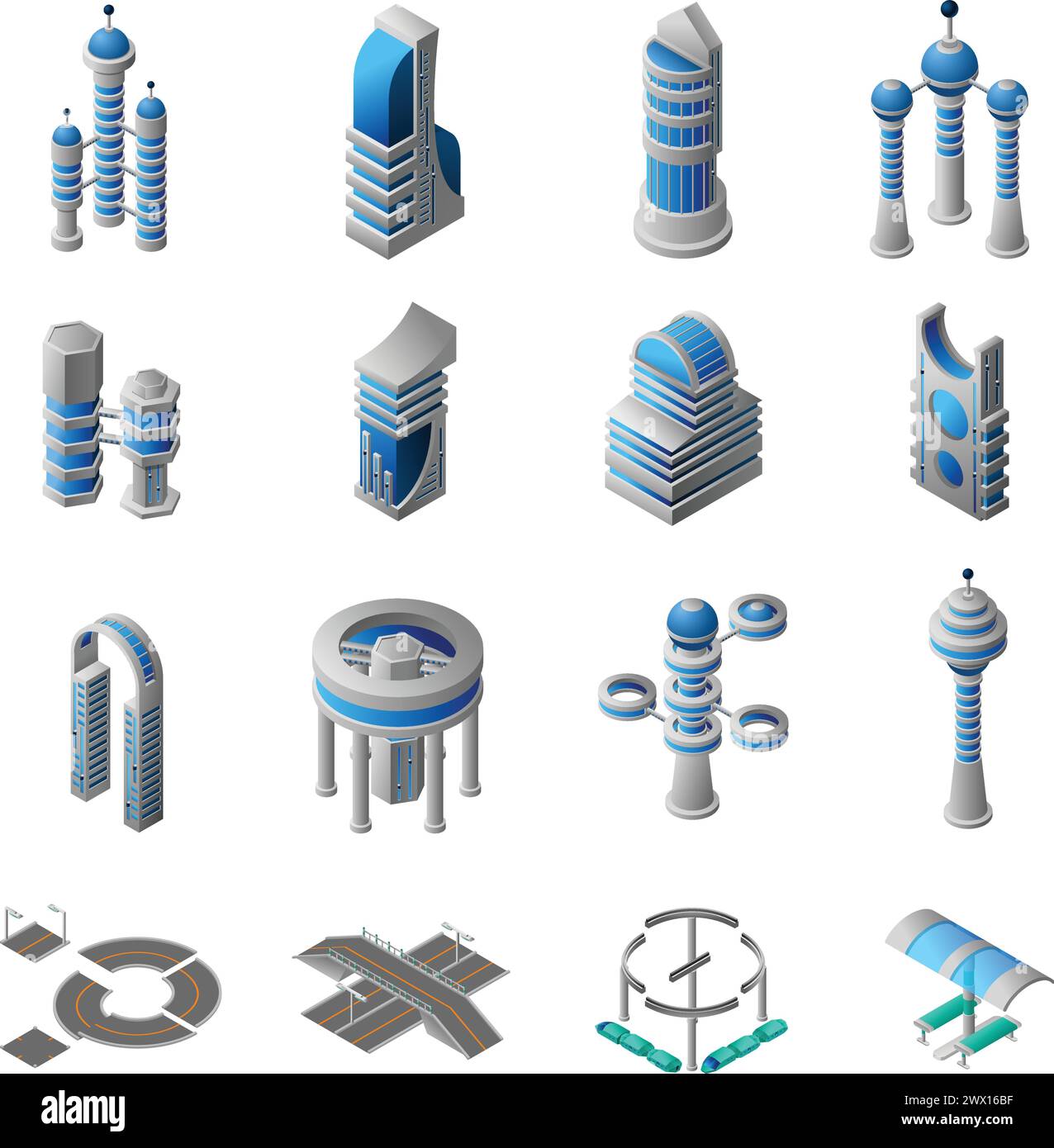 Future city isometric icons set of conceptual building of futuristic ...