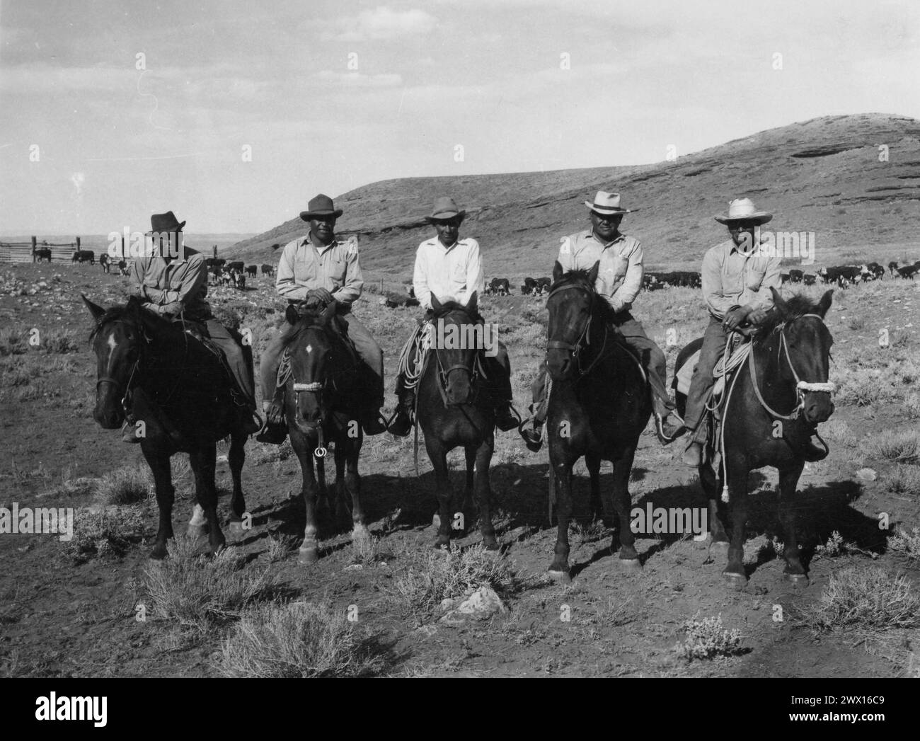 Five Native American cowboys on horseback on a Wyoming ranch ca. 1930s ...