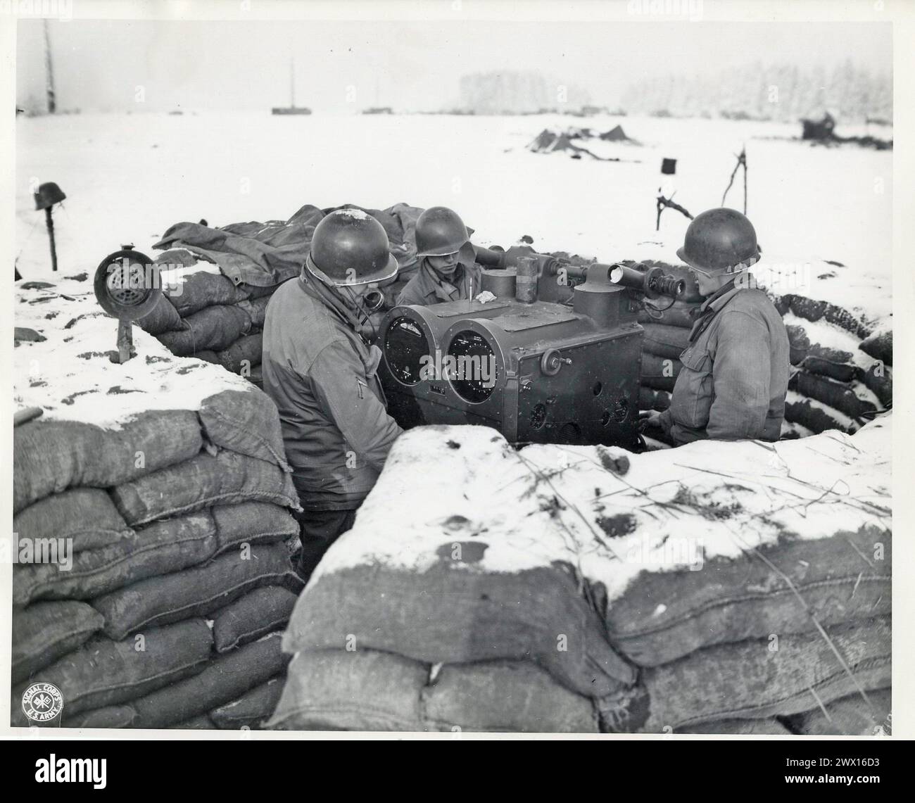 Original caption: Anti aircraft locator device, the M-7, is shown in ...