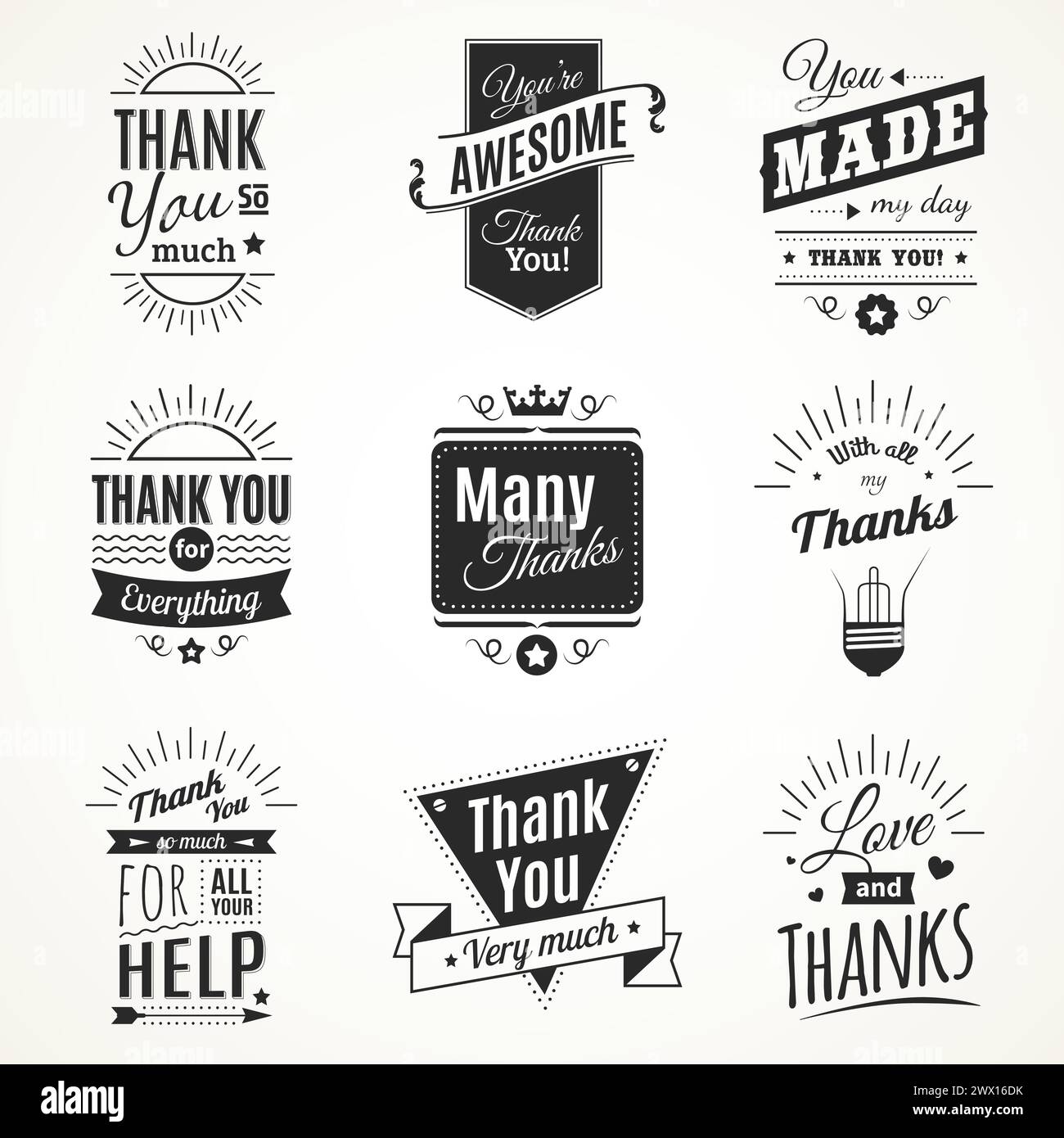 Monochrome collection of nine vintage thank you signs with sun light ...