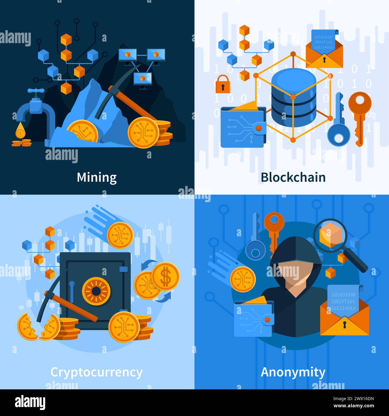 Concept in flat style with virtual currency and block chain mining and anonymity isolated vector ...