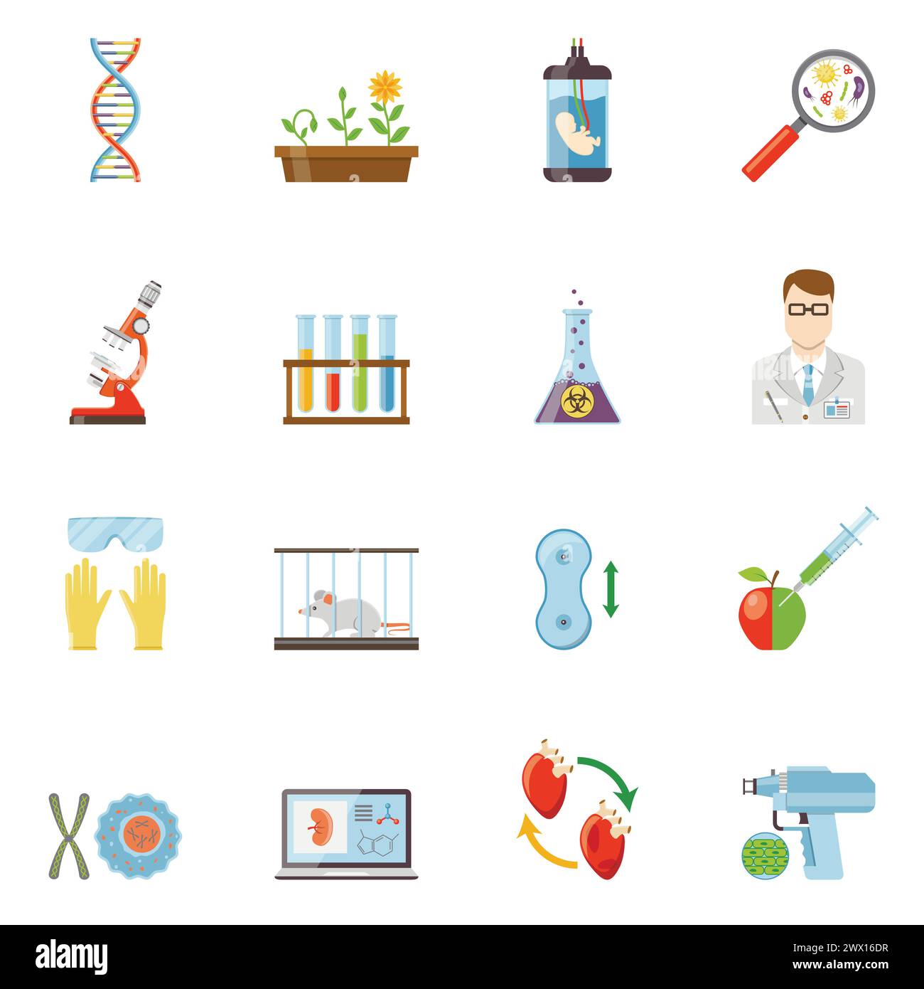 Biotechnology and genetics flat color icons set of microscope embryo ...