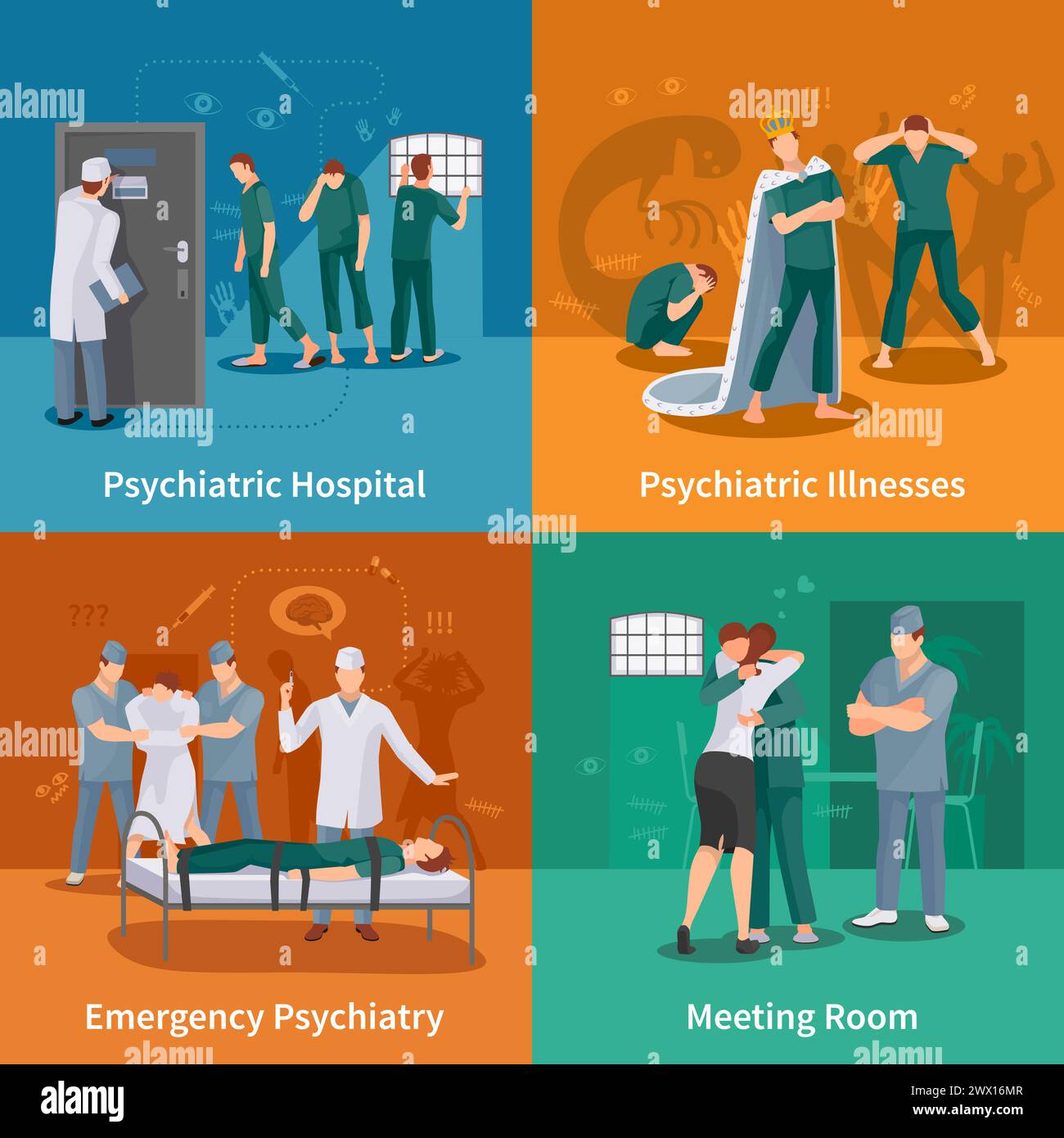 Psychiatric illnesses concept icons set with emergency psychiatry ...