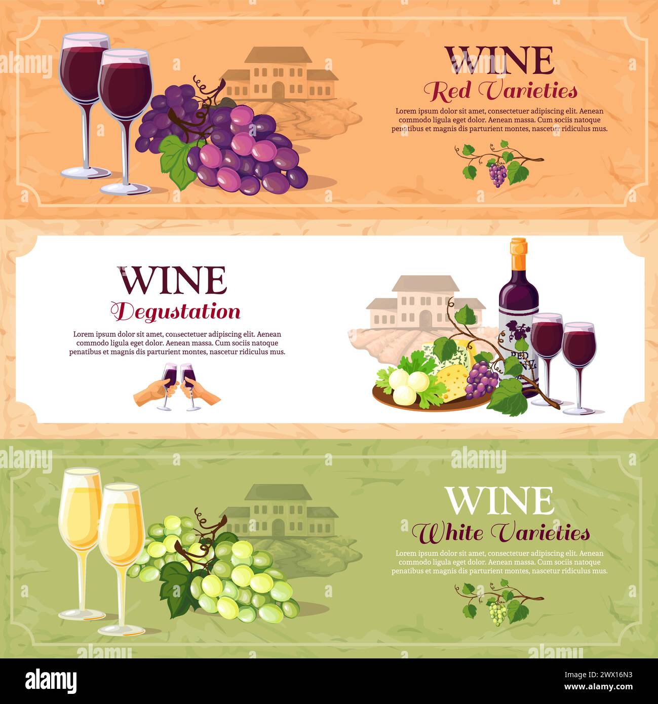 Wine horizontal banners set with red and white varieties and ...