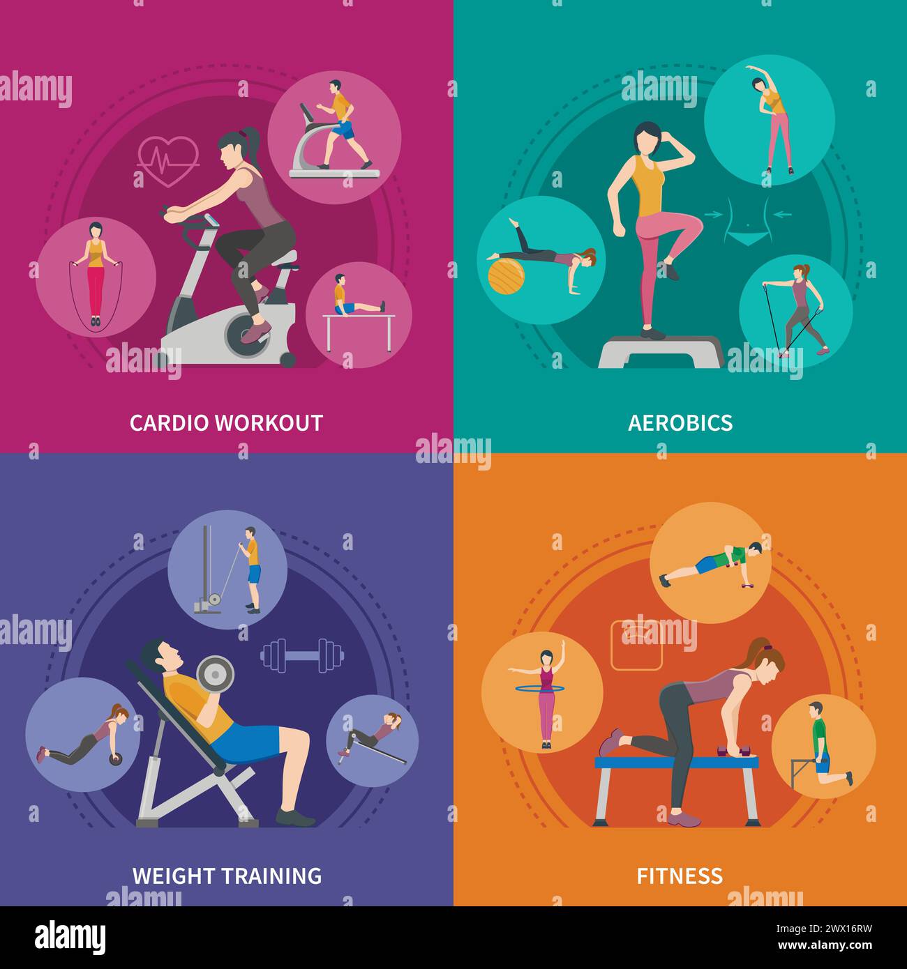Different kinds of gym training cardio fitness aerobics and weight ...