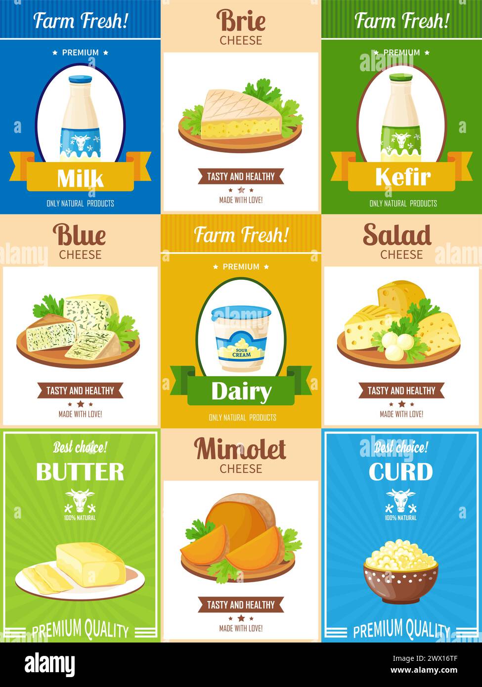 Dairy products poster set with presentation different kinds of cheese ...