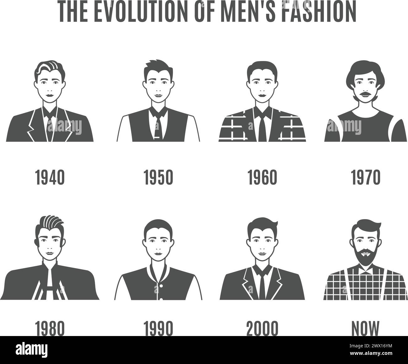 Men Fashion Black White Icons Set. Fashion Evolution Avatar Vector ...