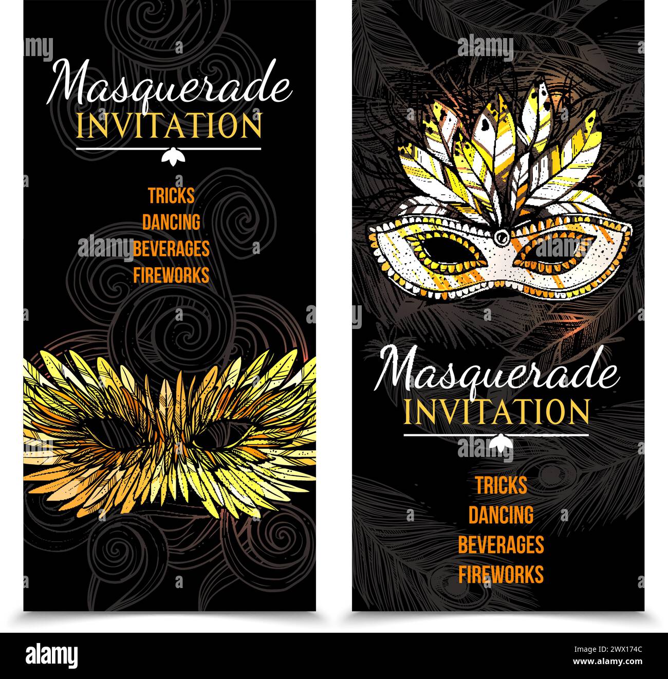 Vertical masquerade carnival invitation banners with colorful feather ...