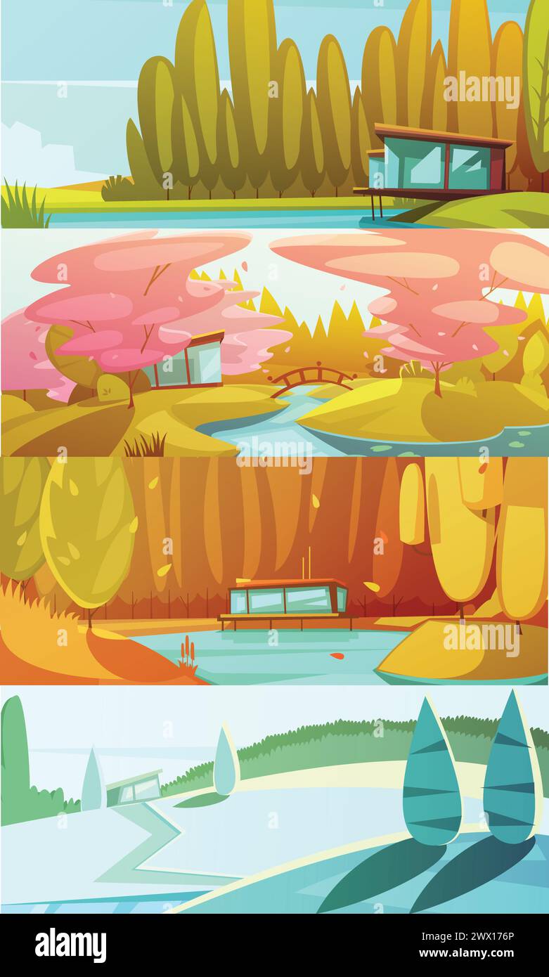 Countryside landscapes seasons 4 horizontal banners set with winter ...