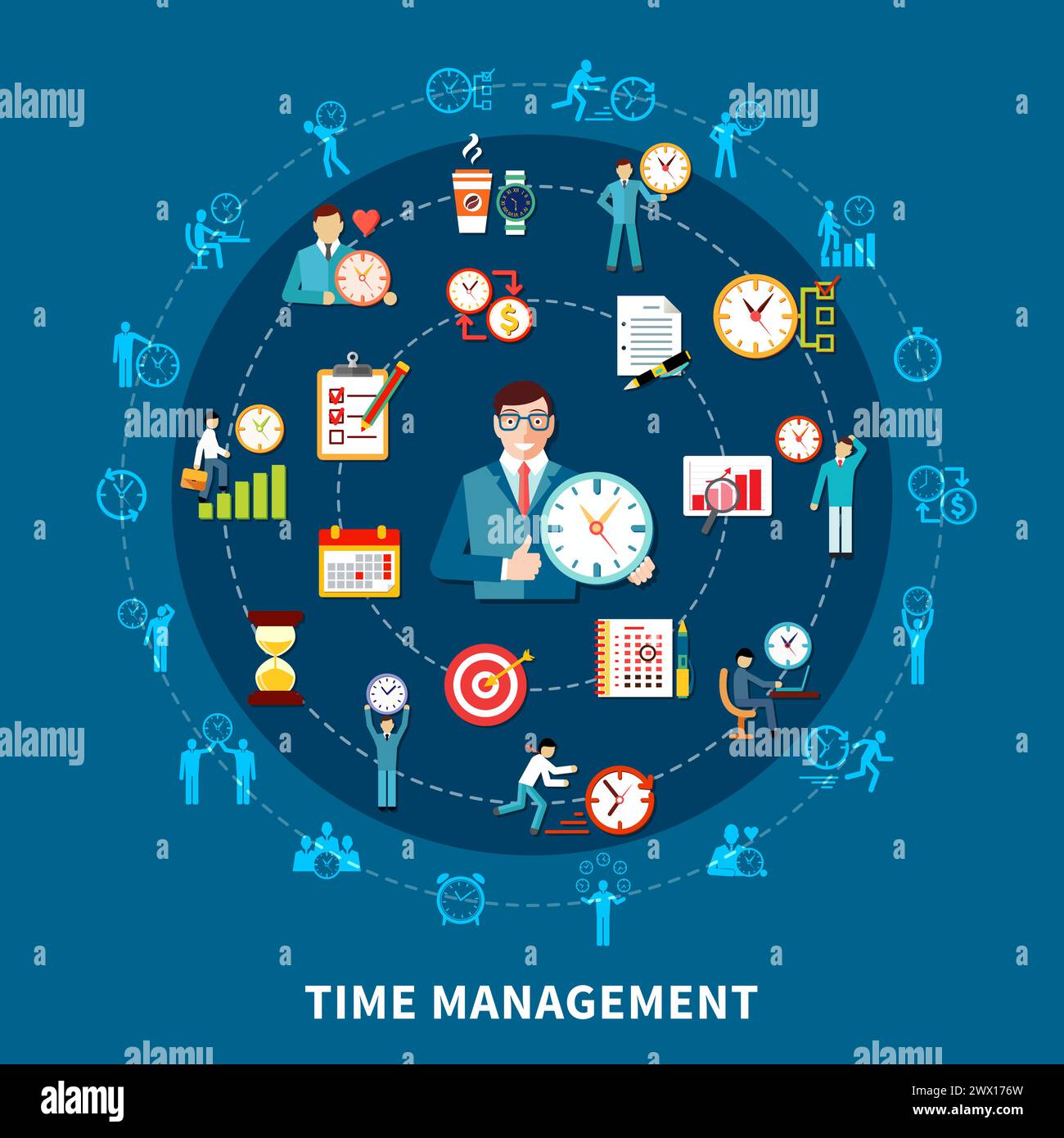 Circle composition of time management pictogram icons flat people ...
