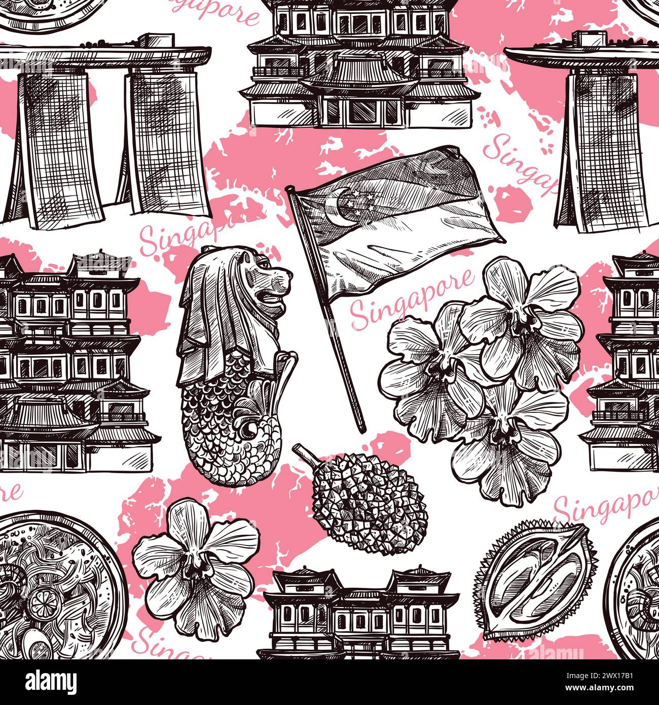 Singapore hand drawn sketch seamless pattern with orchid traditional ...