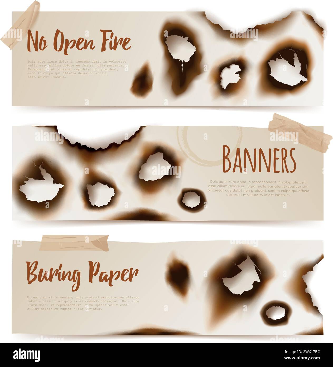 Set of horizontal paper banners with Burned edges and burnt holes in ...