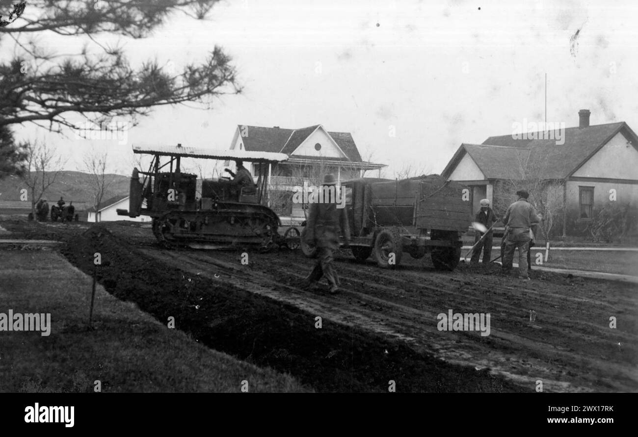 Road construction in a small town in South Dakota ca. 1930s or 1940s ...