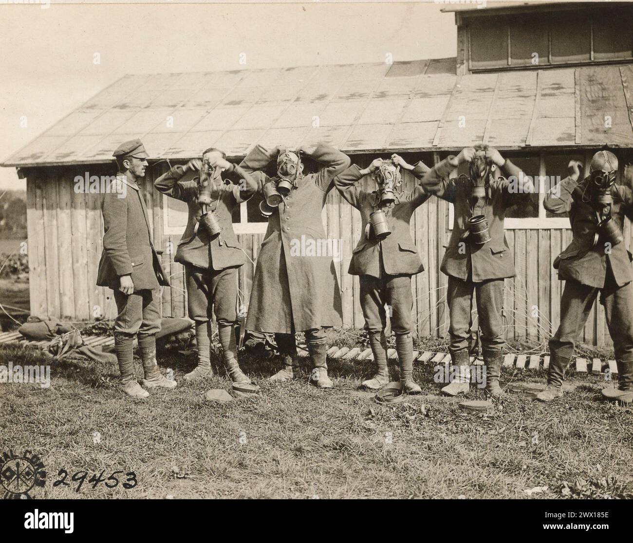German prisoners of war having a gas mask drill at a prison camp near ...