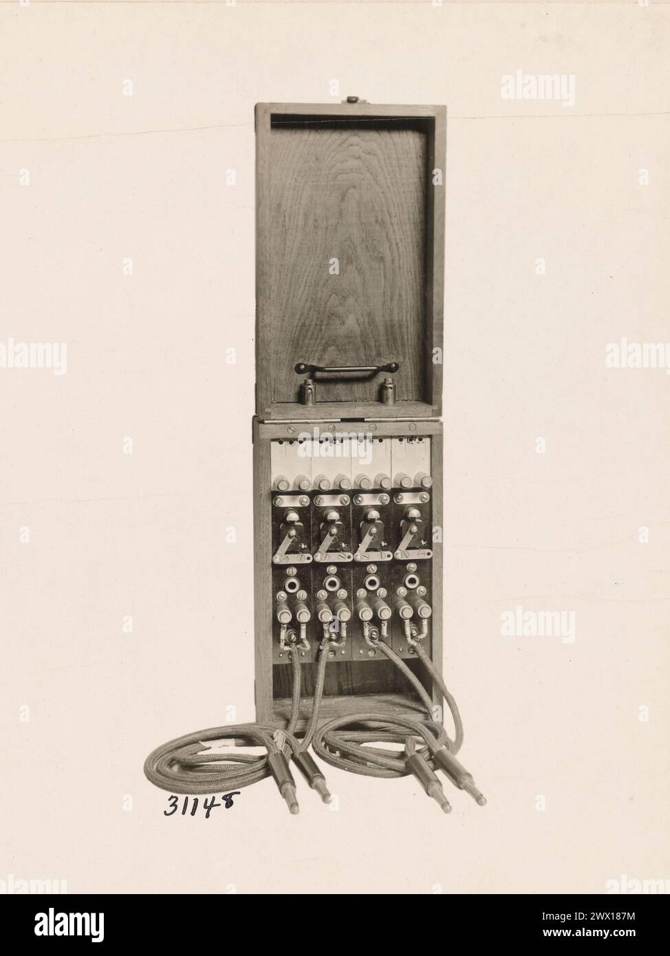 Close up of a monocord switchboard, front view, open ca. 1918 Stock ...