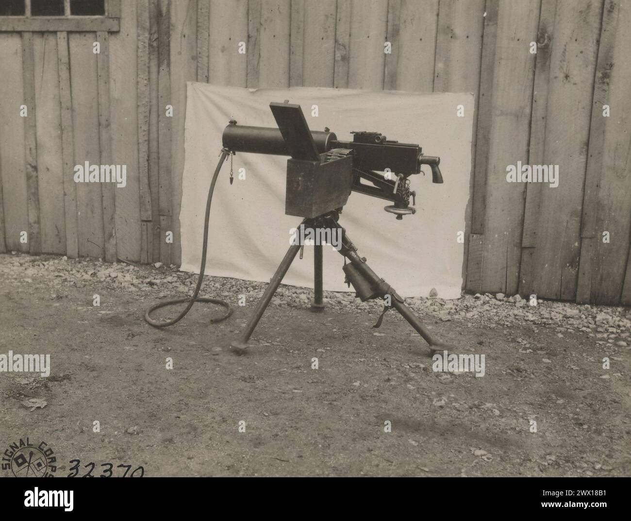 Left view of a Browning Machine gun with ammunition box attached ca ...