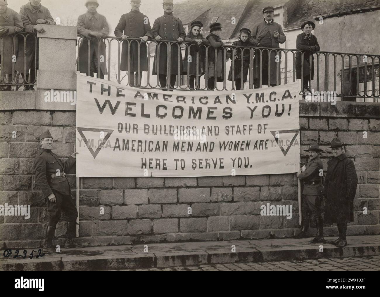 YMCA banner on a dock at St. Nazaire, France welcoming soldiers ca ...