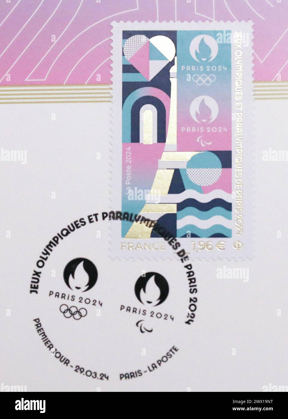 Paris, France. 26th Mar, 2024. The official stamp for the Paris 2024 ...