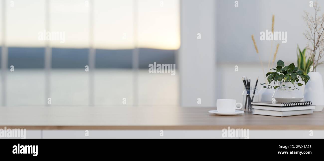 A wooden tabletop with various objects and space for displaying ...