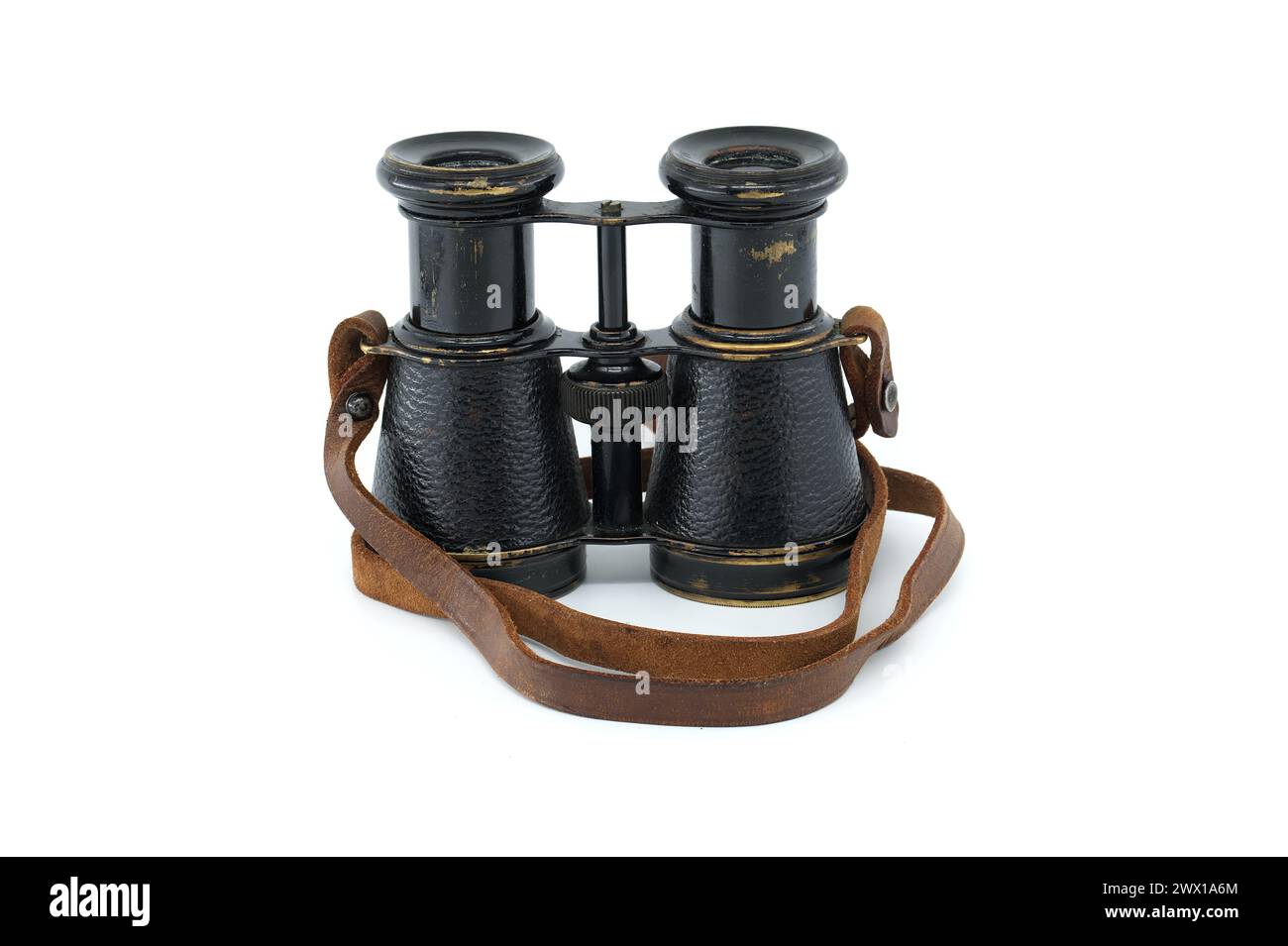 Pair of retro black binoculars with brown leather straps is showcased ...