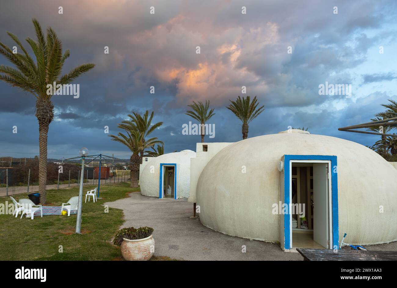 beautiful guest houses in the form of a hemisphere on the Hof Dor beach ...