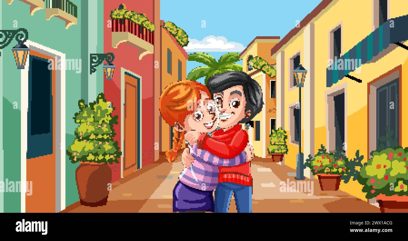 Two cartoon characters hugging in a vibrant street Stock Vector Image ...