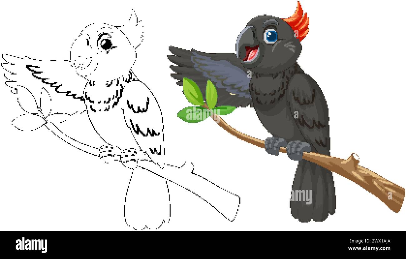 Two cartoon parrots on a branch, one colored, one not Stock Vector ...