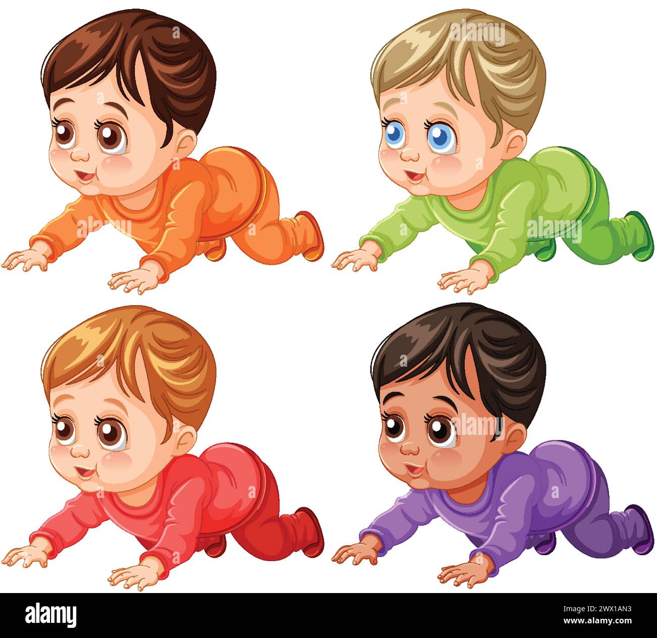 Four cartoon babies crawling in colorful outfits Stock Vector Image ...