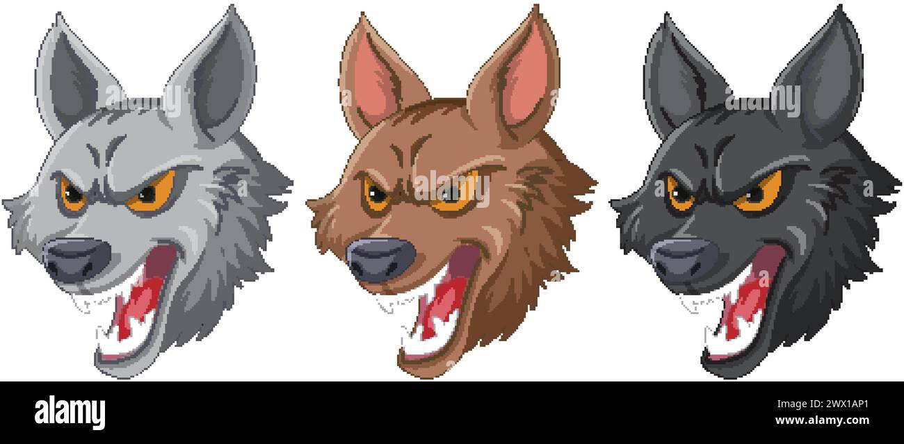 Three animated wolves showing aggressive expressions Stock Vector Image ...