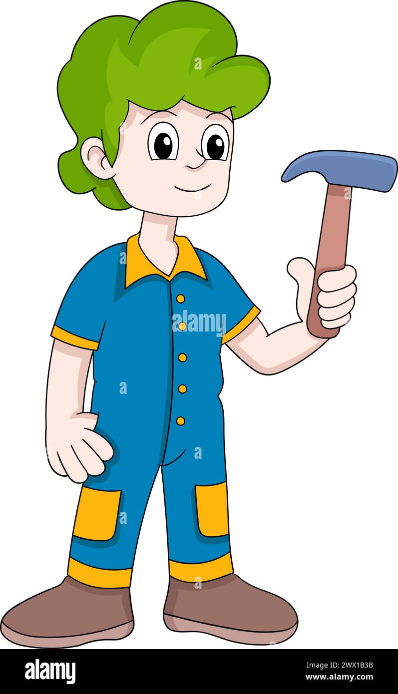 illustration of human activity, carpenter boy carrying a hammer for ...