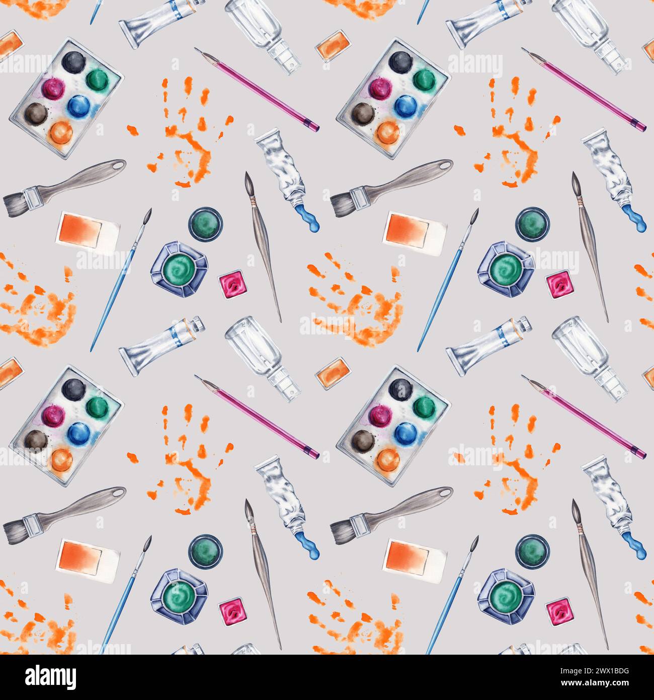 Art materials seamless pattern on light background. Brushes and paint ...