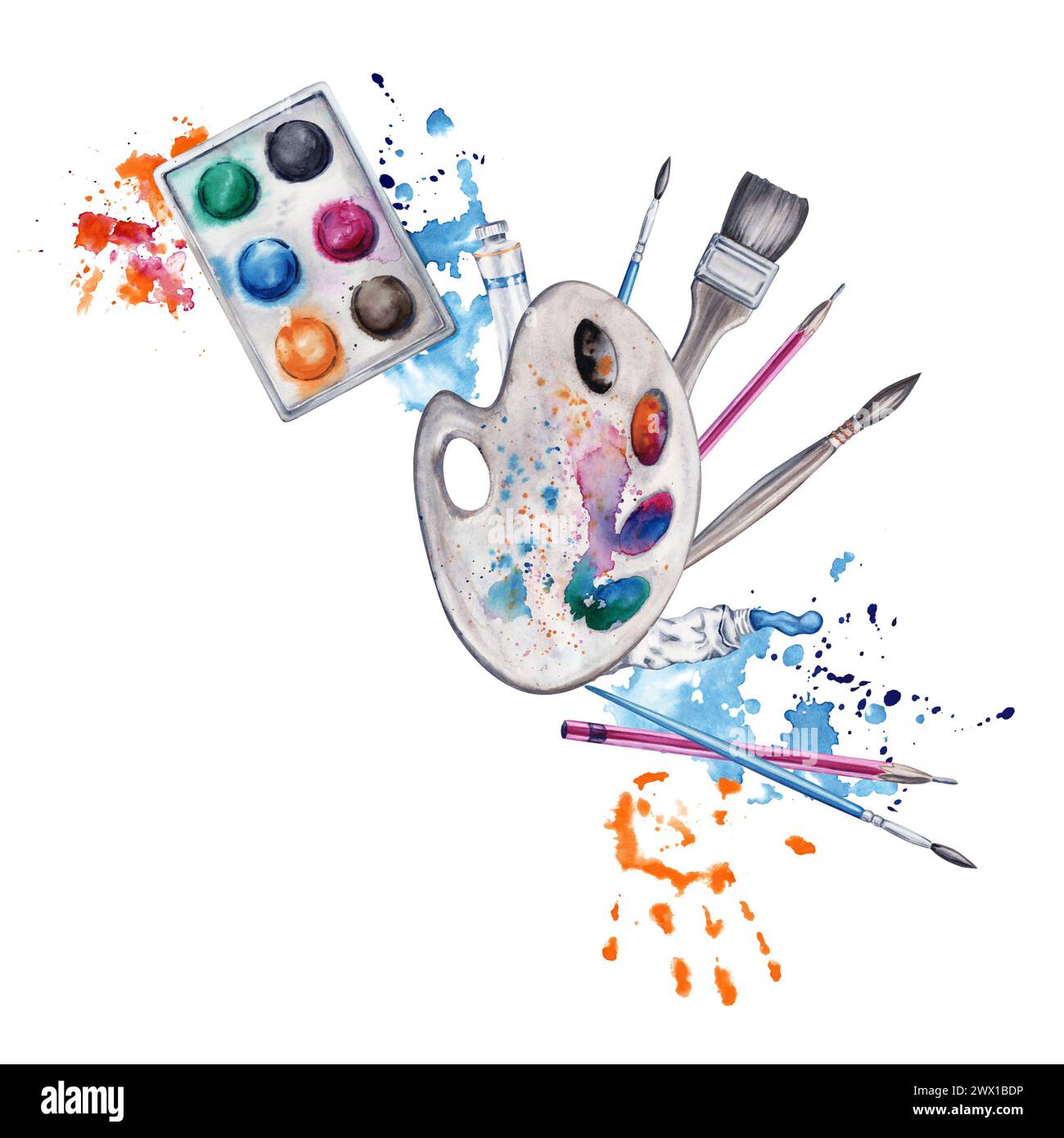 Paint and brushes composition with artist pallete, handprint and ...