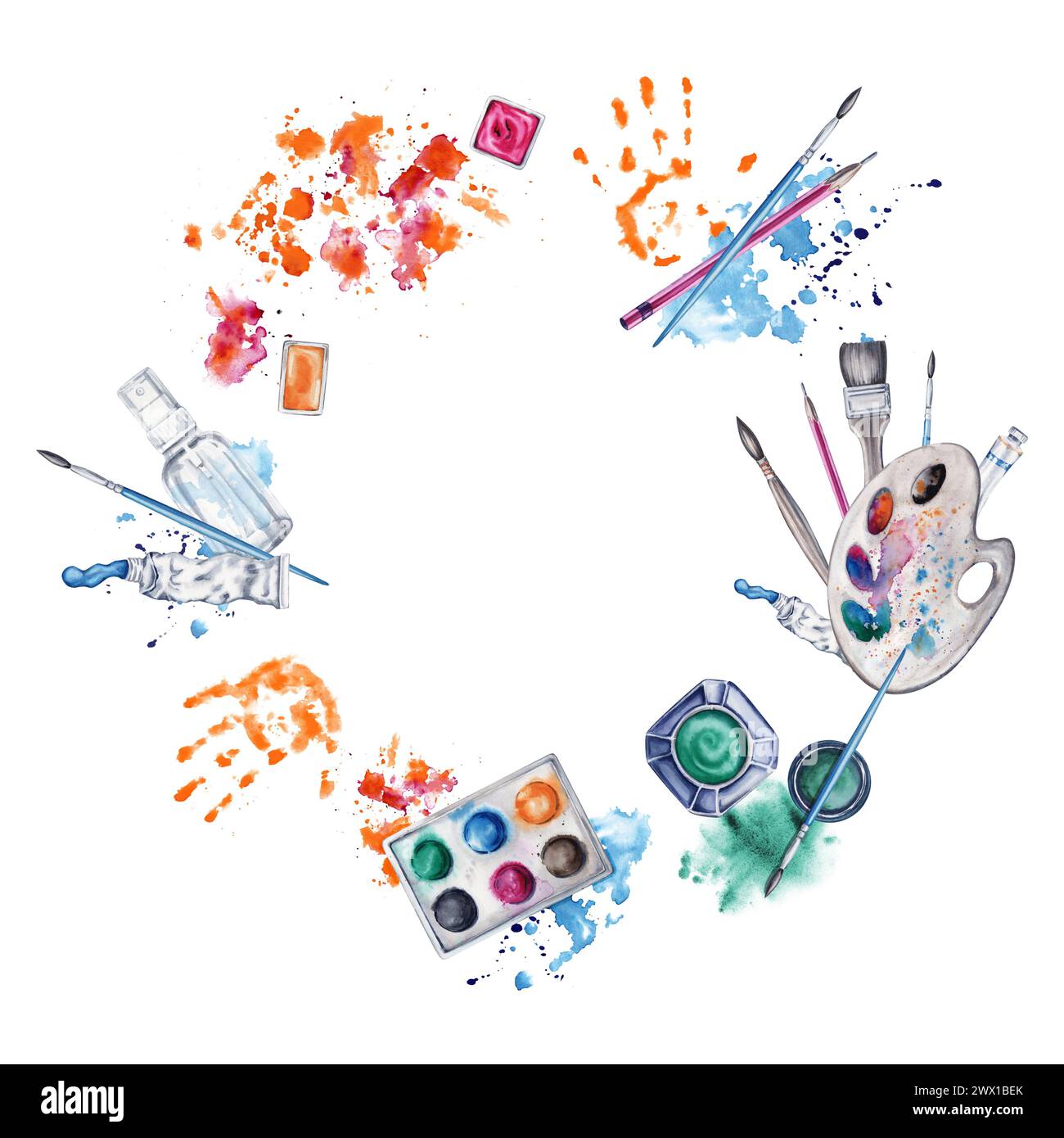 Paint and brushes round wreath with artist pallete, handprints and ...